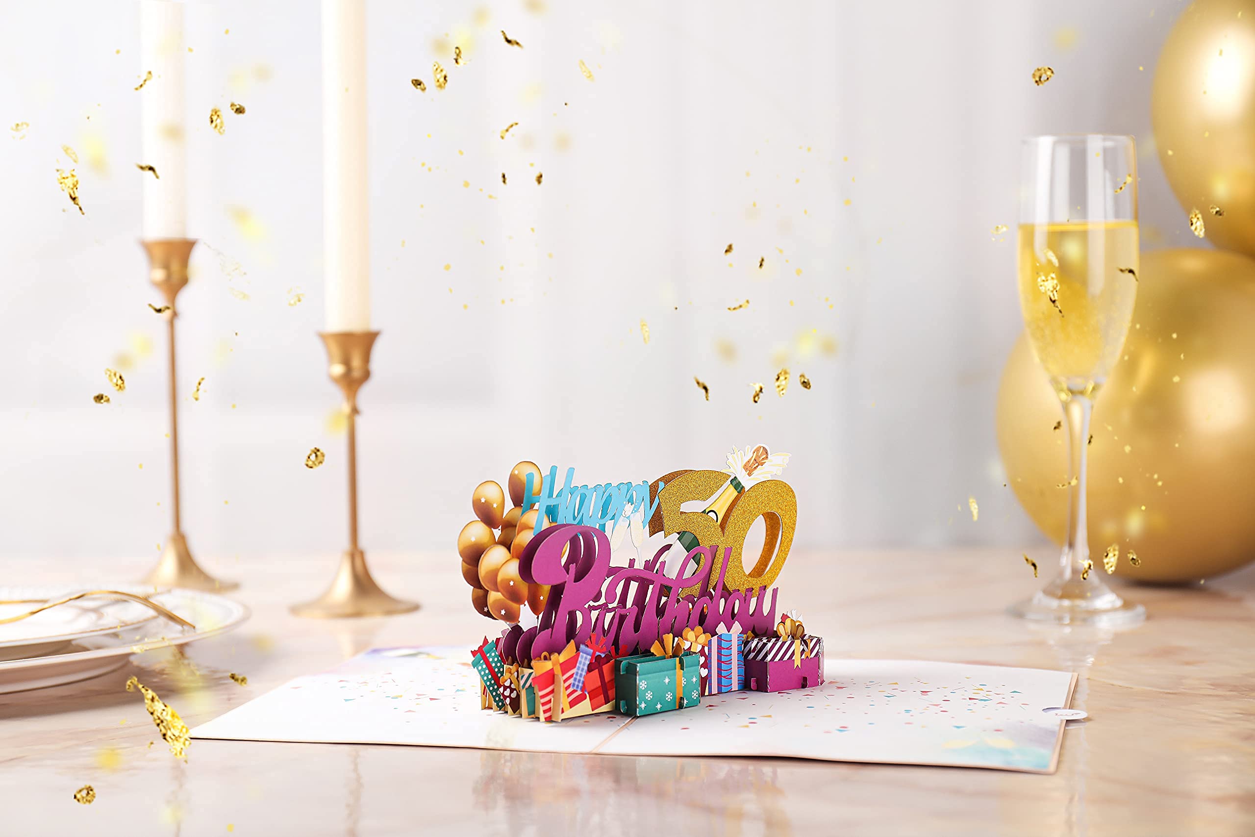 Liif 50th Birthday 3D Greeting Pop Up Card, Happy 50th Birthday Card For Women, Men, Husband - Balloon, Champagne, Funny, Fifty, Celebration| With Message Note & Envelop | Size 8" X 6"