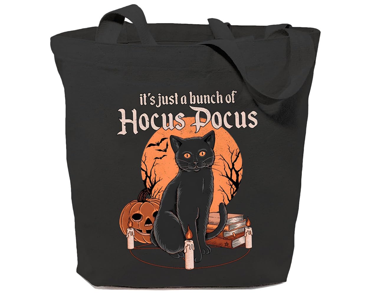 GXVUIS It's Just A Bunch Of Hocus Pocus Canvas Tote Bag for Women Halloween Black Cat Graphic Reusable Grocery Shopping Bags Black