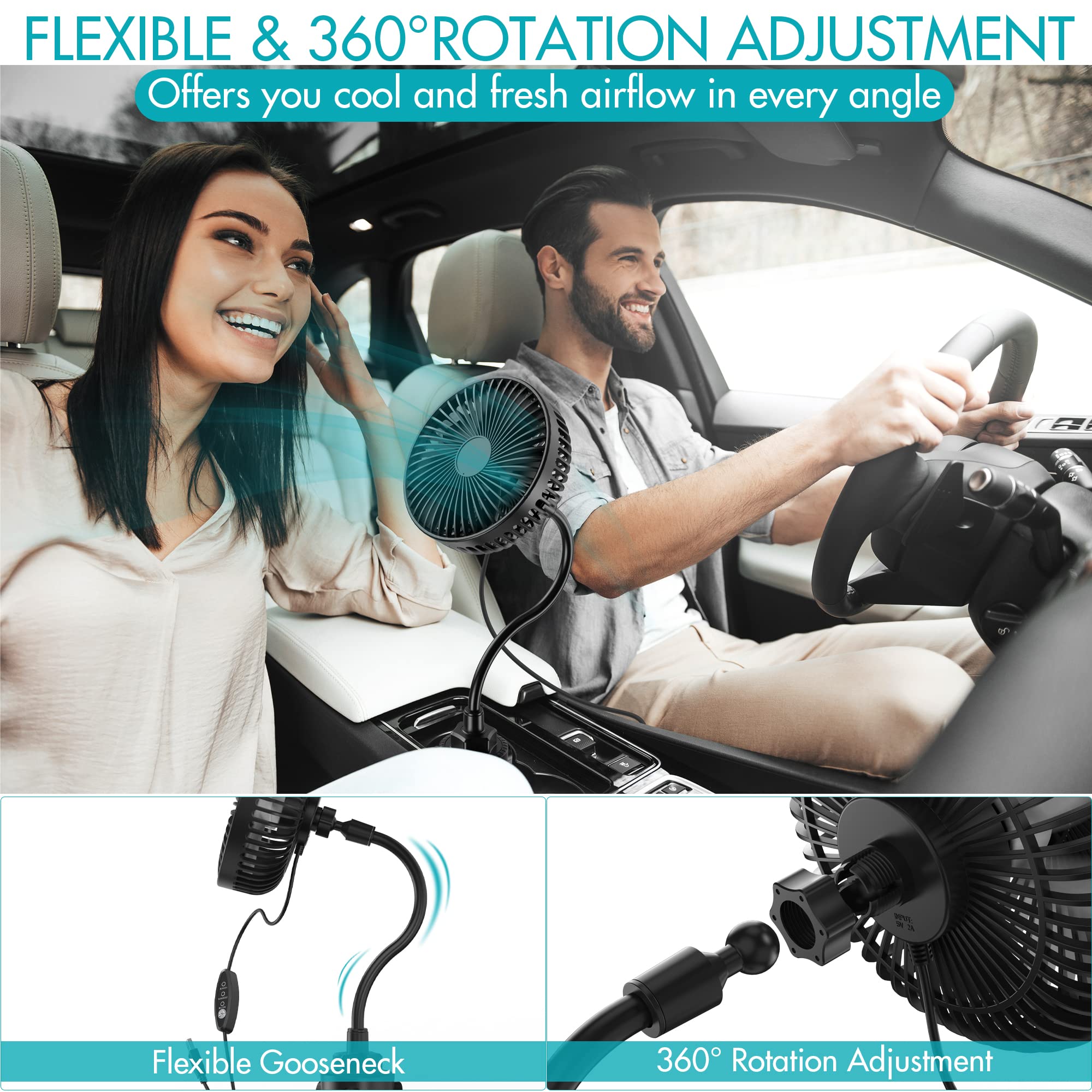 Car Cooling Fan, 6 Inch Slim Air Circulator Fan, 360° Rotation Bendable Gooseneck 3 Speeds USB Powered with Retractable Mounting Cup Base for Car Truck SUV RV Bus