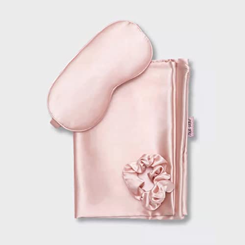 Kitsch Satin Sleep Set | Softer Than Silk Pillowcase and Eyemask Set - Includes 1 Pillowcase | 1 Eye Mask | and 1 Volume Scrunchie for Hair (Blush)