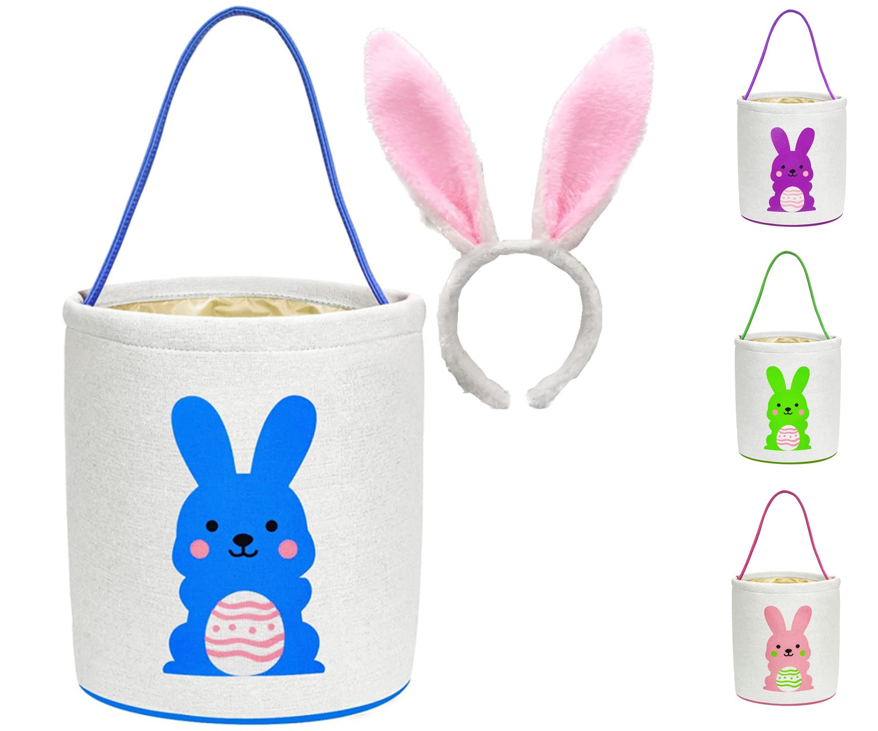 Easter Bunny Basket Kids Easter Eggs Hunt Basket Party Decorations Gift Handles Rabbit Bags, Cute Bunny Ear Headband,Sequins Blue