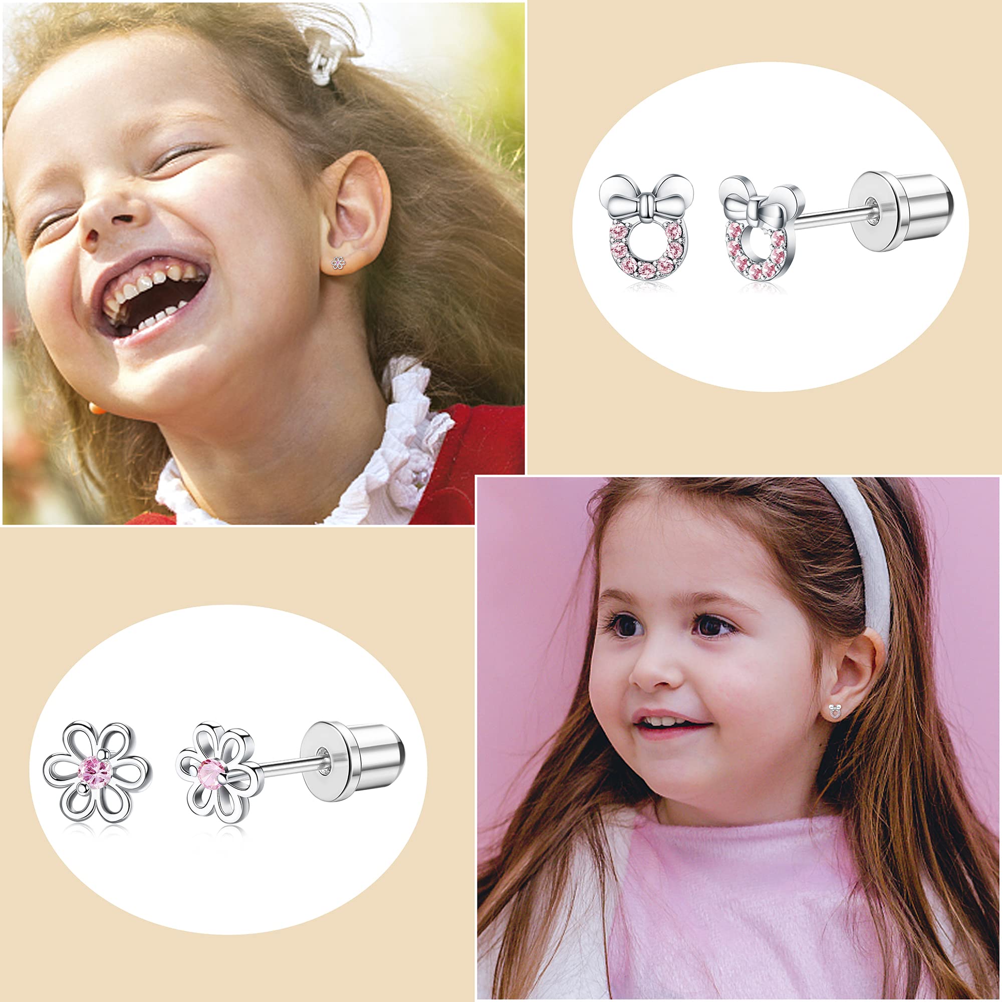 CASSIECA 20G Hypoallergenic Screwback Earrings for Teens Women Stainless Steel CZ Heart Flower Turtle Stud Earrings Jewelry Gift