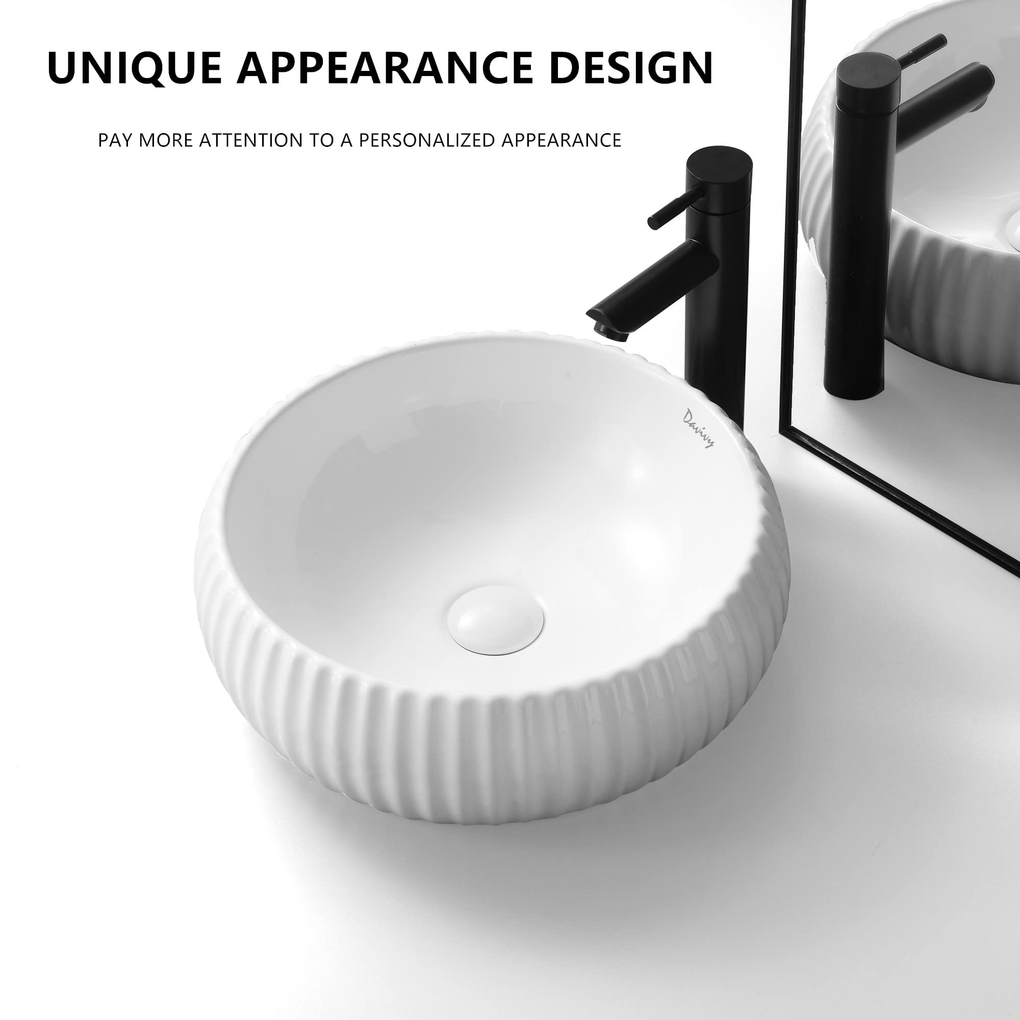 Davivy 16.5'' Round Vessel Sink with Pop Up Drain,Bathroom Vessel Sinks,Round Bathroom Sink,Ceramic Vessel Sink,Bathroom Sinks Above Counter,White Vessel Sink,Counter top Sink,Round Sinks for Bathroom