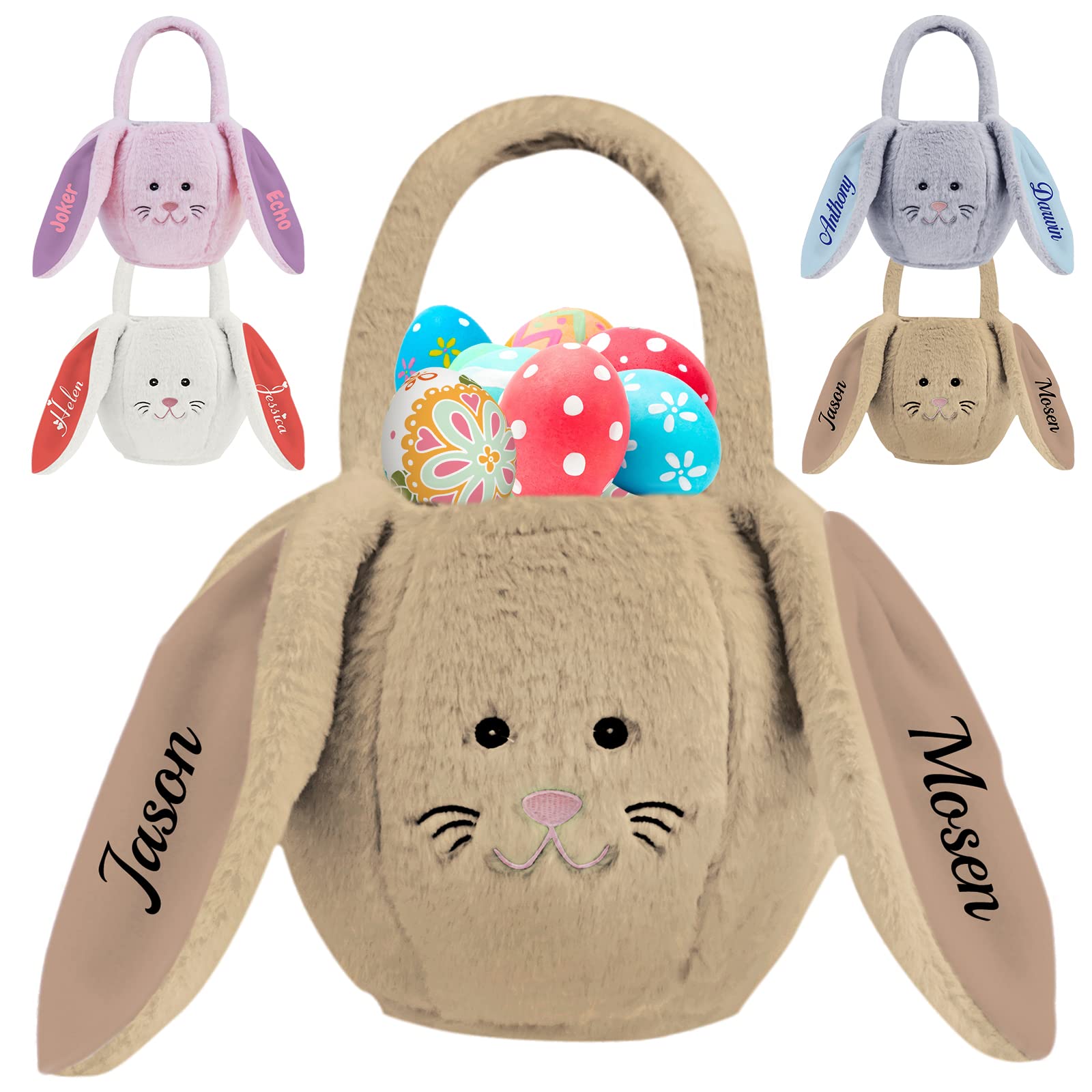 Easter Bunny Basket Egg Bags for Kids Personalized Furry Critter Easter Basket for Kids with Name Toy Storage Basket-Brown Bunny