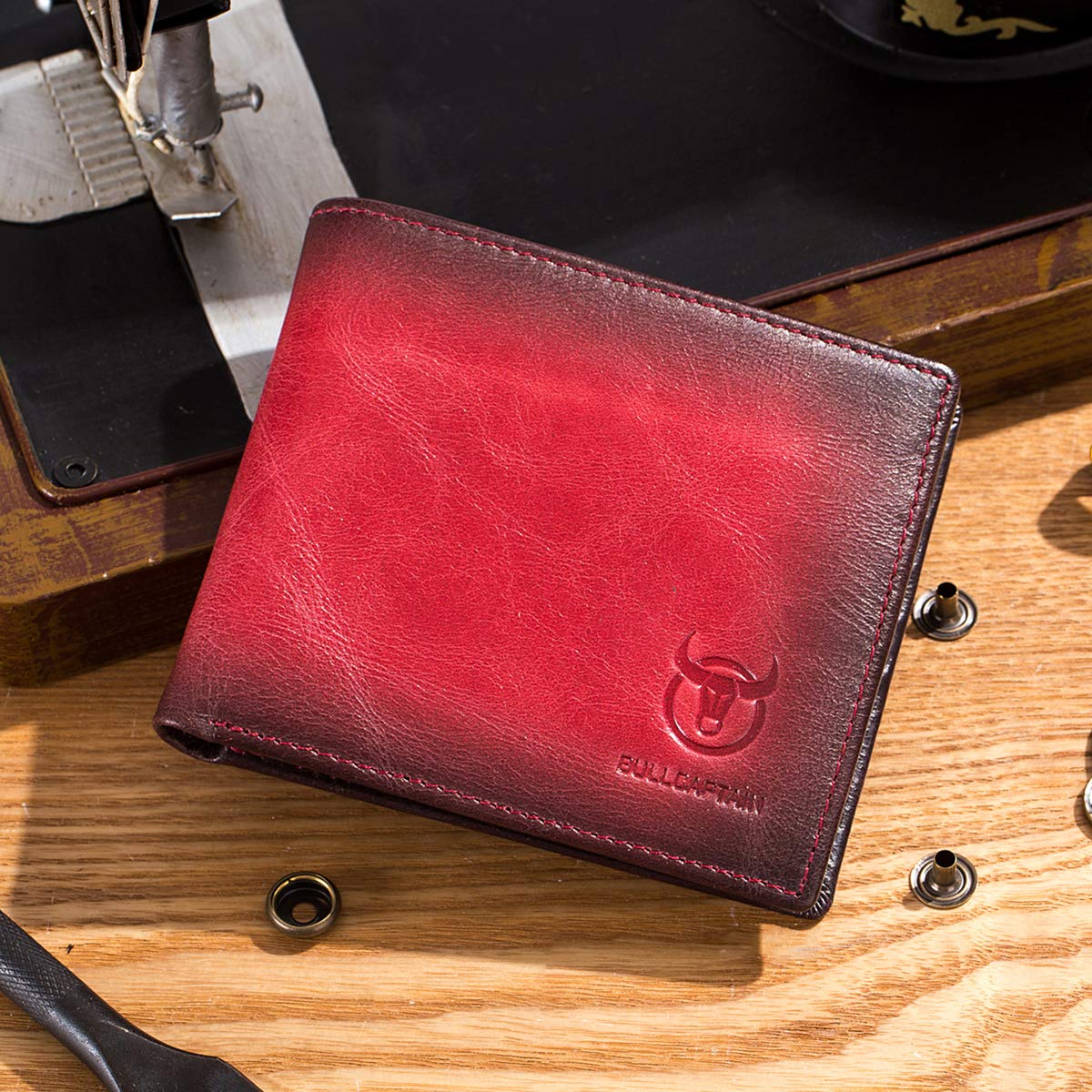 BULLCAPTAIN RFID Wallets for Men Slim Bifold Genuine Leather Front Pocket Wallet with 2 ID Windows QB-05 (Red)