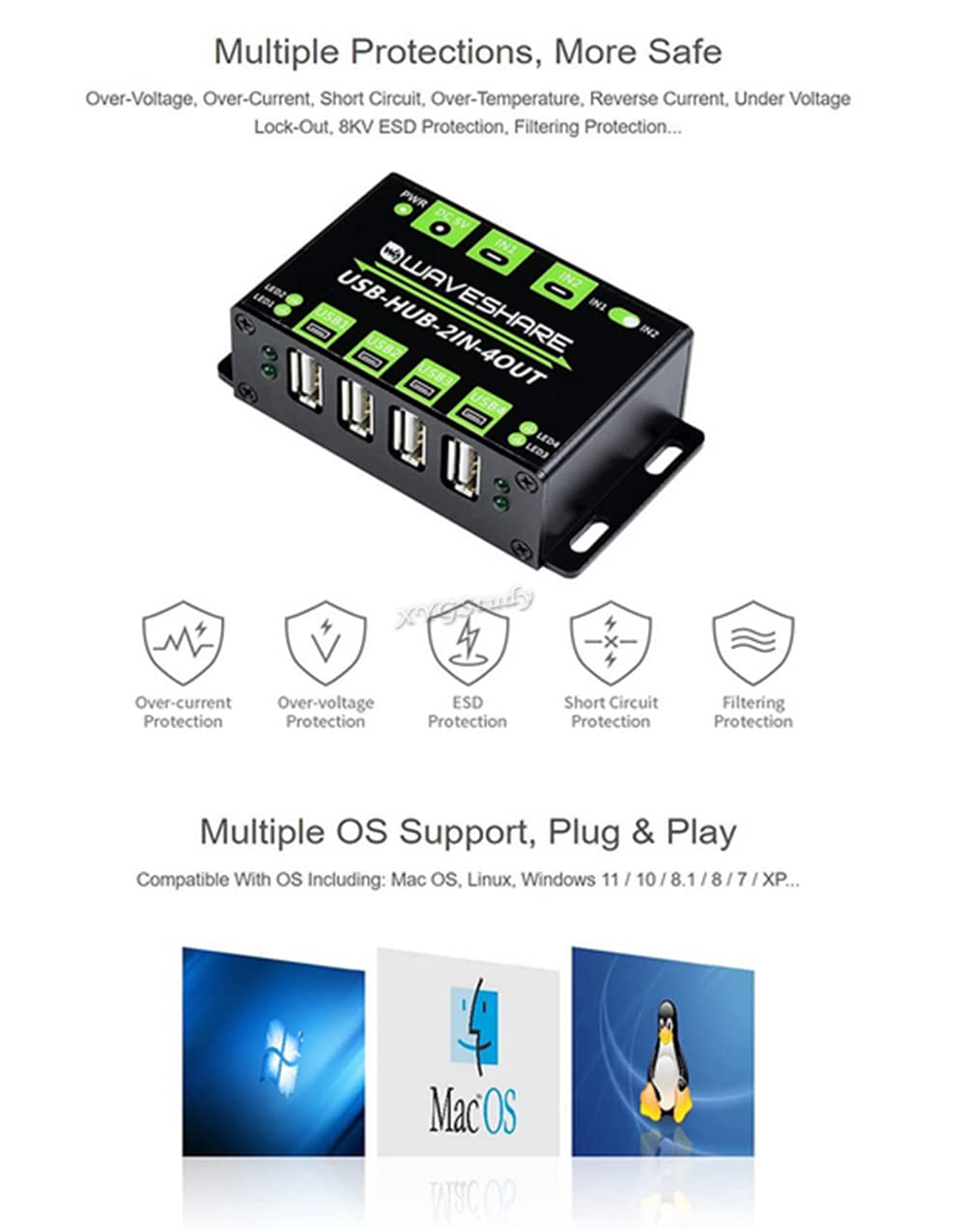 Industrial Grade USB HUB, Extending 4X USB 2.0 Ports, Switchable Dual Hosts @XYGStudy (USB-HUB-2IN-4OUT)