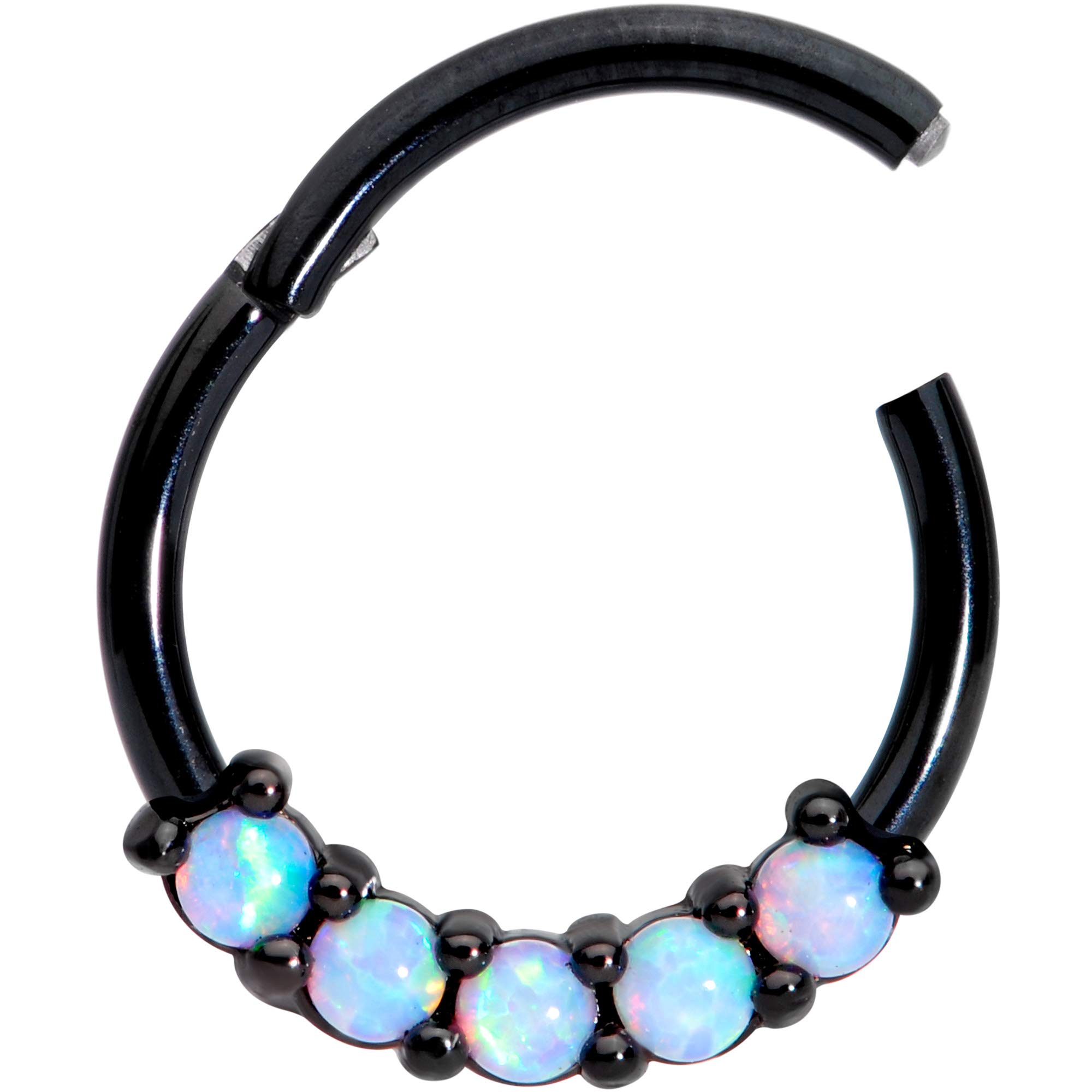 Body Candy 16G Black PVD Steel Hinged Seamless Segment Cartilage Septum White Synthetic Opal Nose Hoop 3/8"