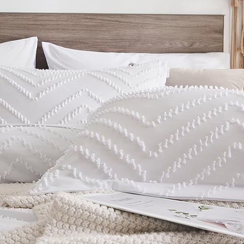 FLYMME White Full Size Comforter Sets with Sheets,Tufted Bed in a Bag 7 Pieces, Chevron Boho Shabby Chic Farmhouse Bedding Set,Soft Microfiber Comforter for All Season（White,80”*90”）
