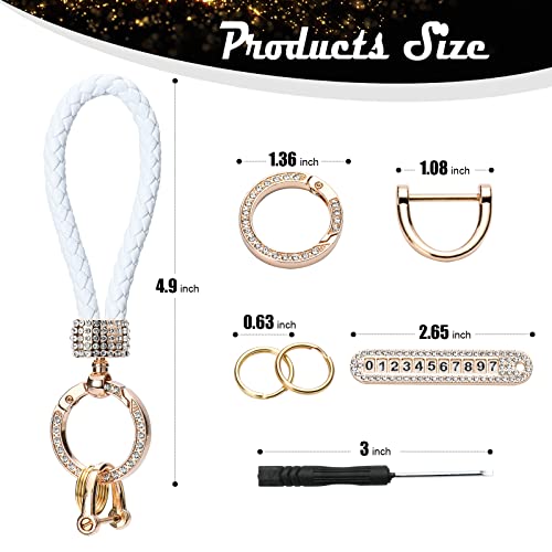 MUGVOLAX Anti-Lost car Keychains, Key fob Chains with Phone Number Plate, Leather Woven key chains, Accessories With Bling Rhinestones (White)