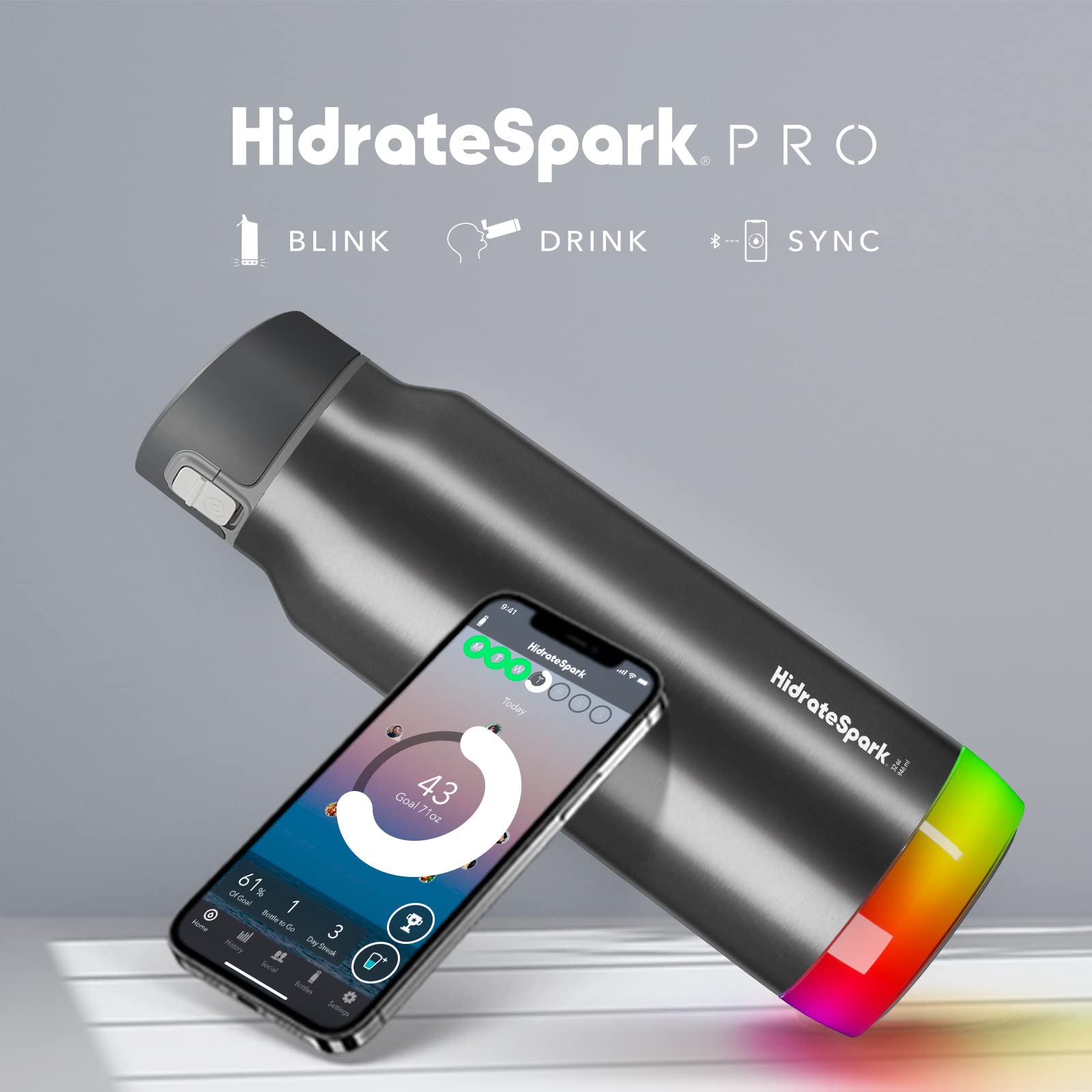 Hidrate Spark PRO Smart Water Bottle β Insulated Stainless Steel β Tracks Water Intake with Bluetooth, LED Glow Reminder When You Need to Drink β Chug Lid, 32oz, Brushed Steel