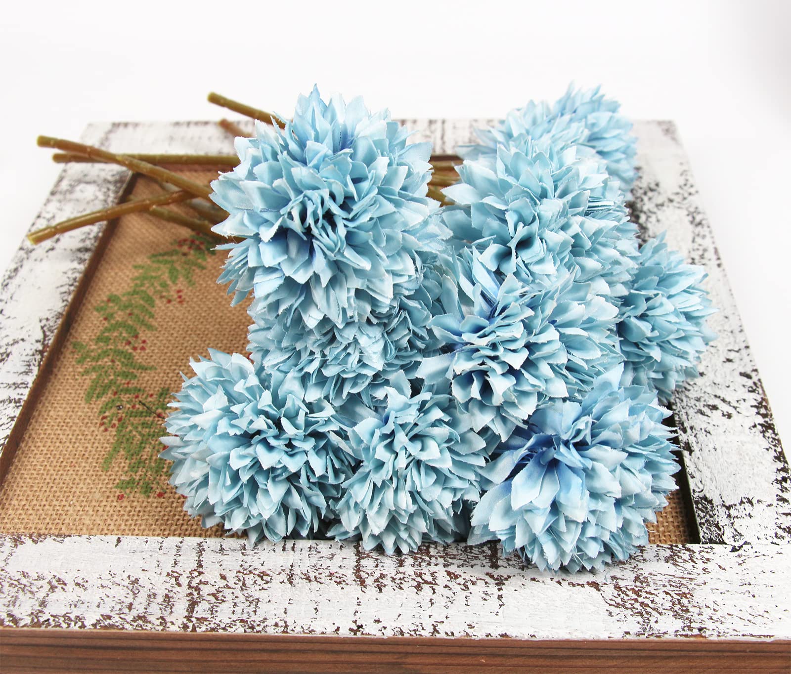 Tinsow 12 Pcs Artificial Flowers Faux Ball Chrysanthemum Bouquet Silk Light Blue Flowers Bridal Wedding Bouquet for Home Easter Party Wedding Decoration (Light Blue, 12)