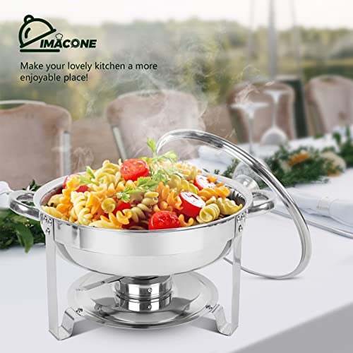 IMACONE Chafing Dish Buffet Set 4 Pack, 5QT Round Stainless Steel Chafer for Catering in Glass Lid, Chafers and Buffet Warmer Sets w/Food & Water Pan, Lid, Frame, Fuel Holder for Event Party Holiday
