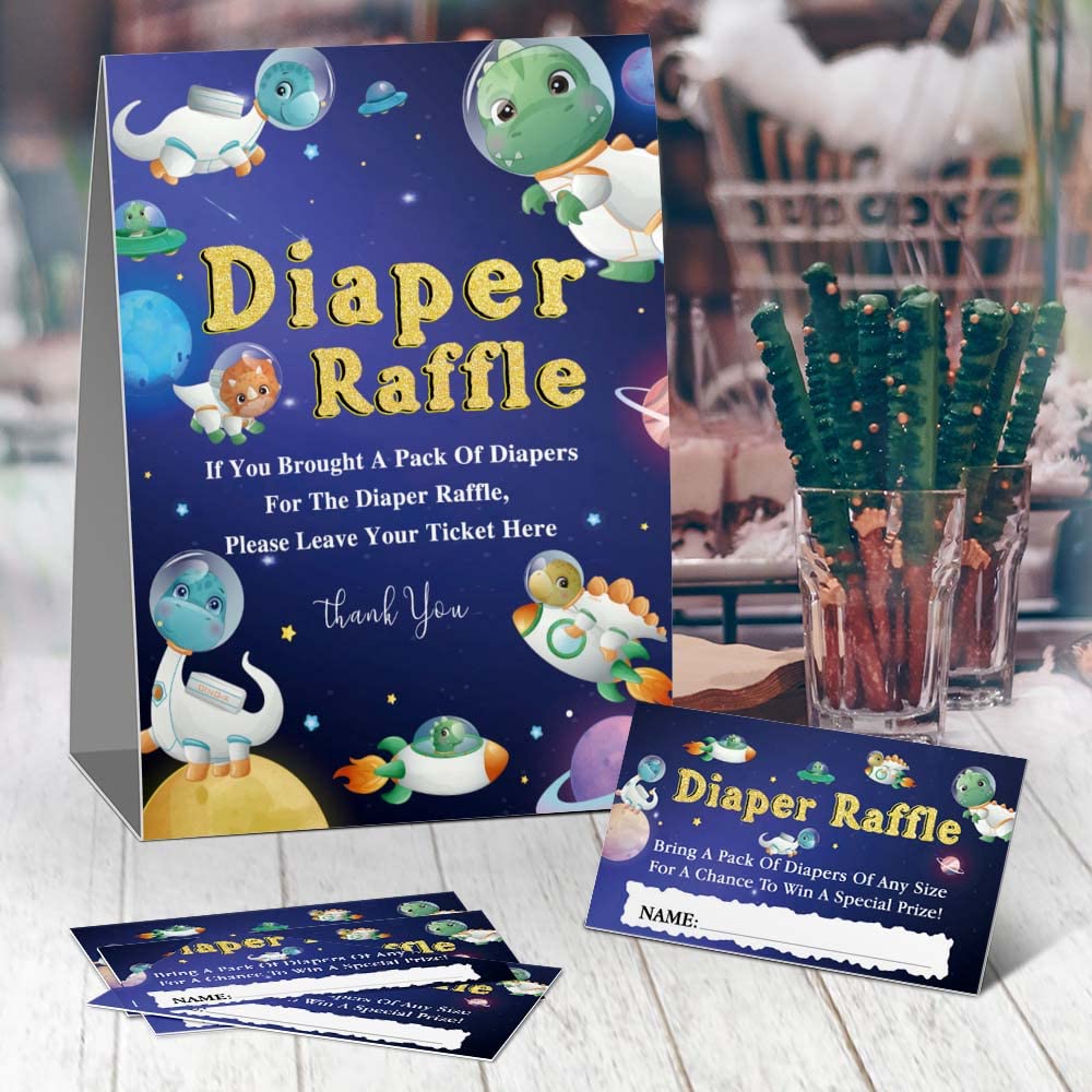 Diaper Raffle Cards, Diaper Raffle Baby Shower Game Kit,Space Theme Gender Neutral,Diaper Raffle Dinosaur Theme (1 Standing Sign + 50 Guessing Cards)