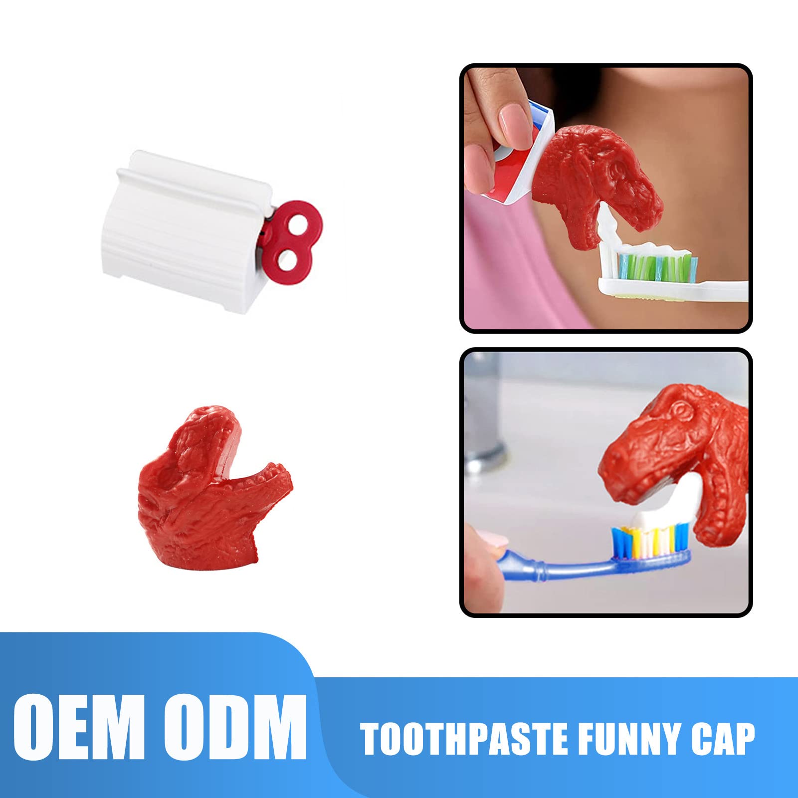 Dinosaur T-Rex Toothpaste Cap and Toothpaste Squeezer Dispenser, Funny Toothpaste Topper for Kids, Rolling Tube White