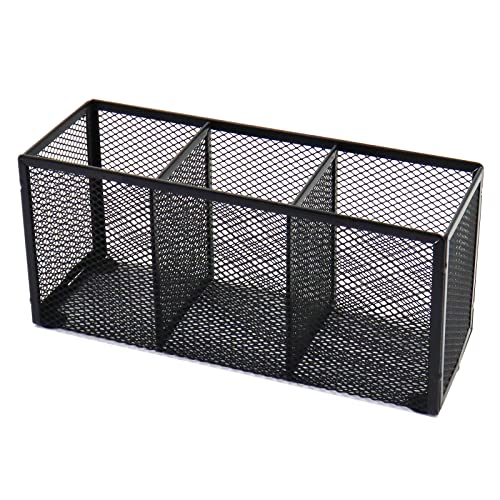 Flytreal Black Mesh Pen Pencil Holder, Small Metal Desk Organizer Desktop Stationery Office Supplies Acessories Storage Stand, 3 Compartments Brushes Holder for Home School Classroom Teachers