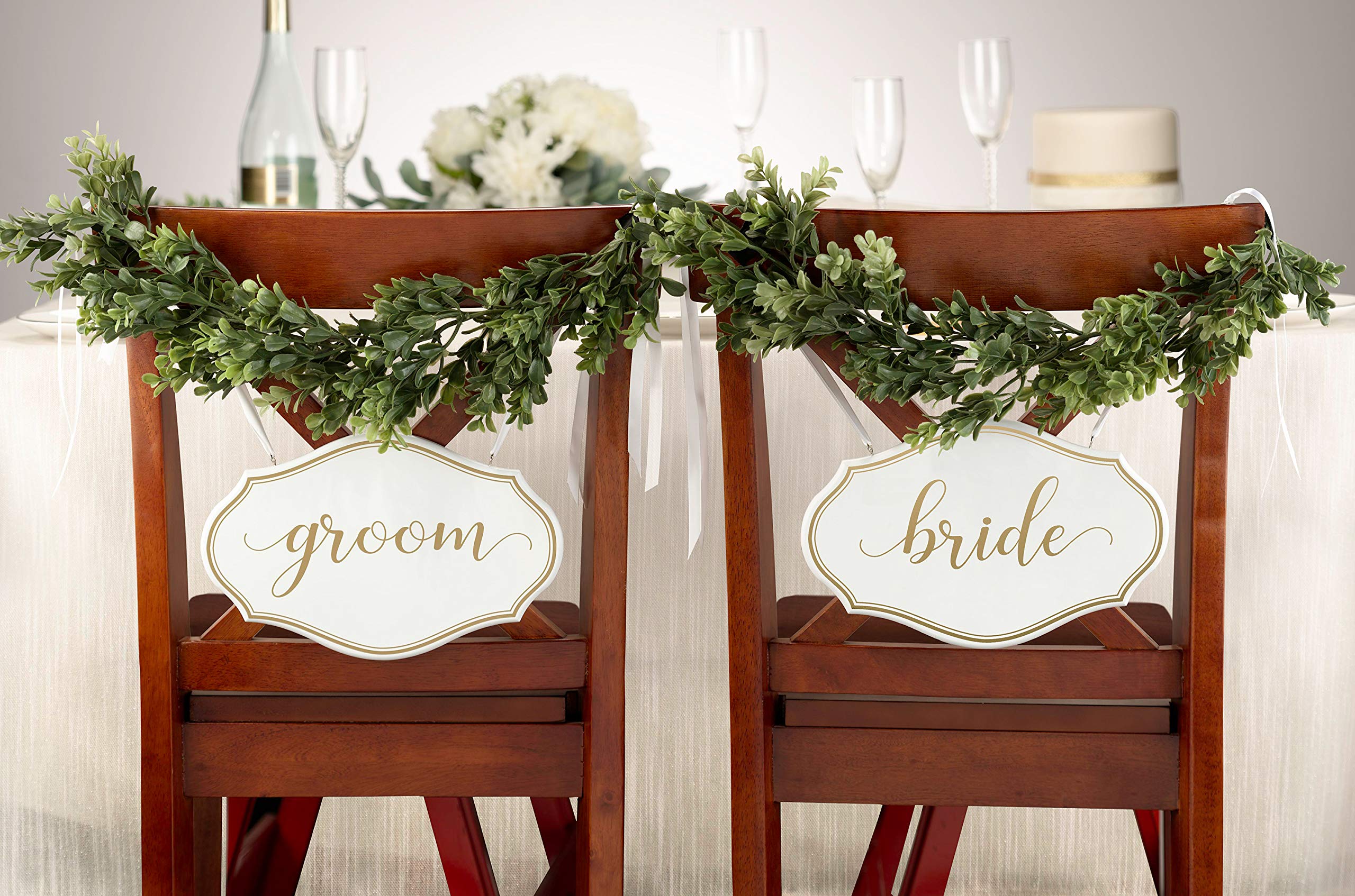 Lillian Rose White Gold Bride and Groom Chair Signs, 1.25"x11.75"x7.75"