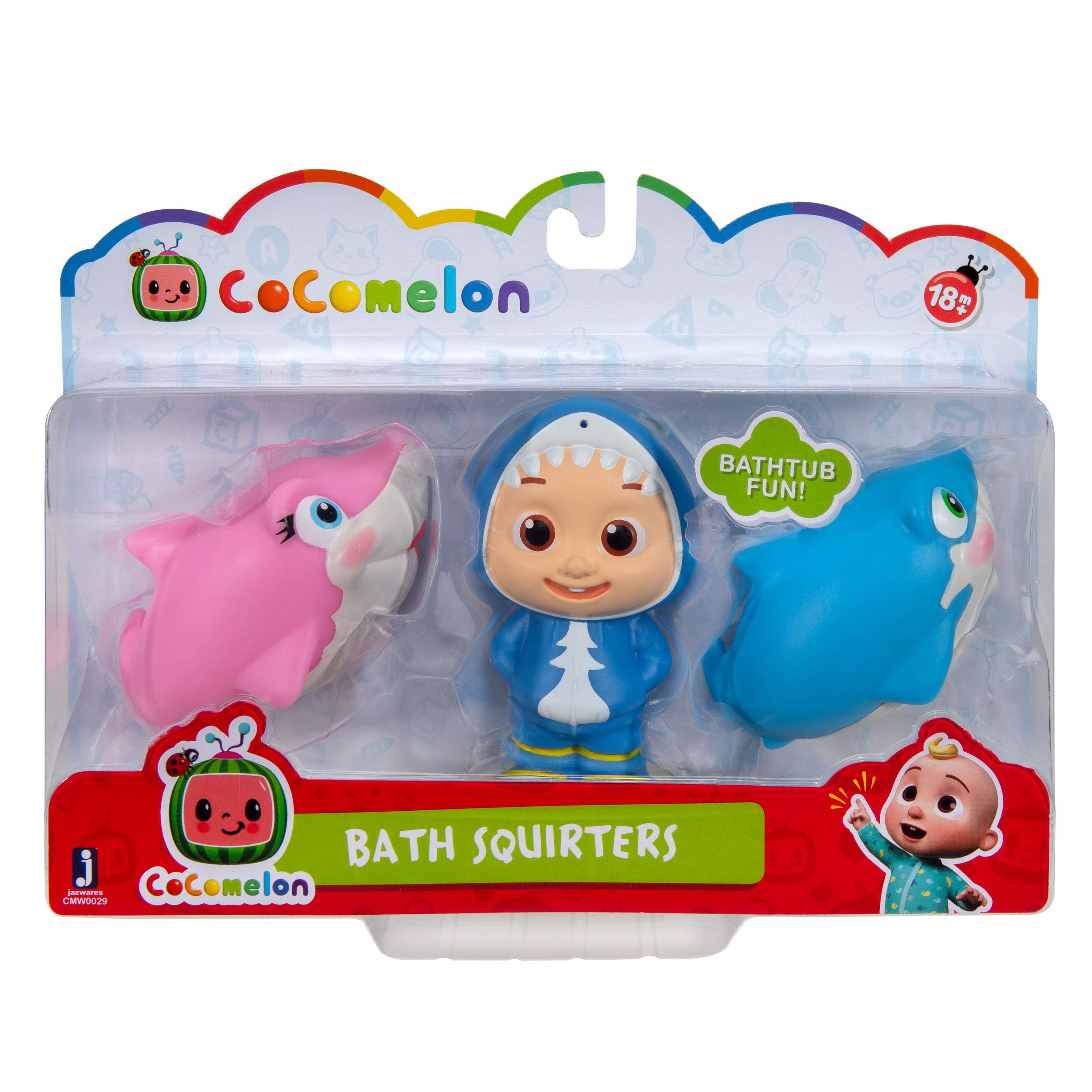 CoComelon Official Bath Squirters, Featuring JJ Character Toy (4β Tall) and 2 Sharks (4β Wide), Bath Time Fun Playset - Character Toys for Babies, Toddlers, and Kids
