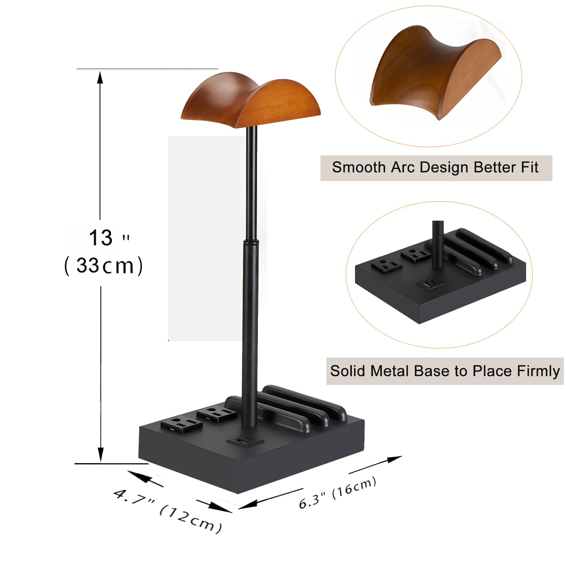 CASTLELIFE Headphone Stand Desktop Gaming Headset Holder with 2 AC Outlets and USB C&A Ports, Charging Station&Phone Stands, Height Adjustable Wood Earphone Table Game Accessories for Desktop Gamer