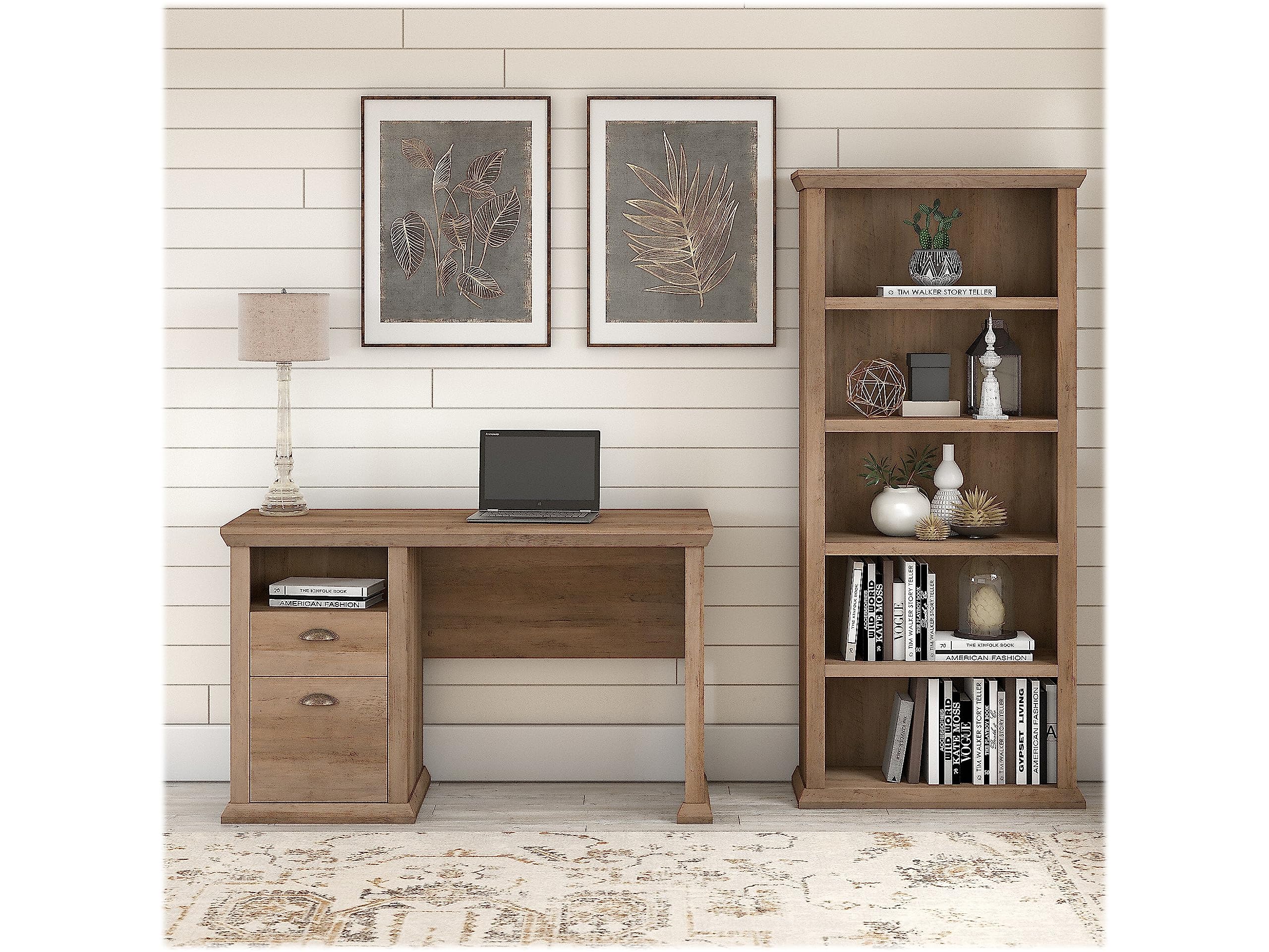 Bush Furniture Yorktown Home Office Desk with 5 Shelf Bookcase, 50W, Reclaimed Pine