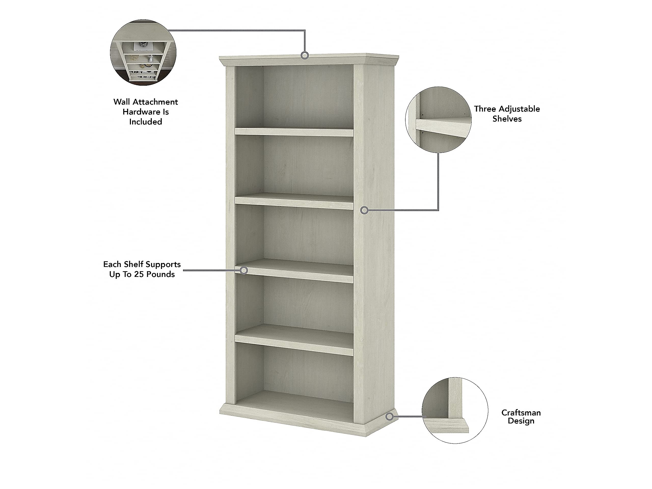 Bush Furniture Yorktown Home Office Desk with 5 Shelf Bookcase, 50W, White Oak