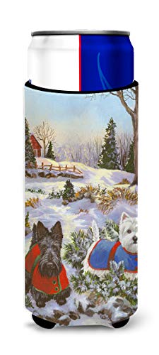 Caroline's Treasures PPP3170MUK Scottie and Westie Christmas Pine Hill Ultra Hugger for slim cans Can Cooler Sleeve Hugger Machine Washable Drink Sleeve Hugger Collapsible Insulator Beverage Insulated