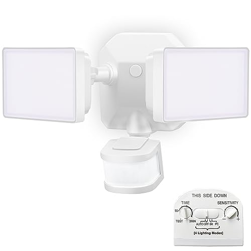 EMANER Dusk-to-Dawn Security Lights with Motion Sensor, 5000K Daylight White, IP65 Waterproof Outdoor, 110V 120V Dual-Head Rotatable LED Flood Light for Porch, Garage, Yard, Driveway
