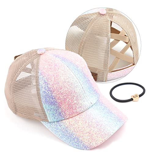 C.C Exclusives Washed Distressed Cotton Denim Criss-Cross Ponytail Hat Baseball Cap Bundle Hair Tie (BT-780)(BT-791) (A Elastic Band-Crystal Ombre Unicon)