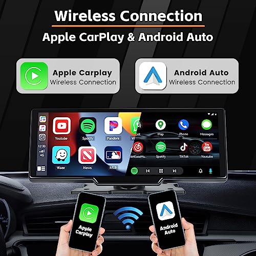 Hikity Portable Wireless Apple Carplay Car Stereo with Dash Cam - 9.3 Inch IPS Touchscreen, Wireless Android Auto, Loop Recording, Backup Camera, Bluetooth Car Audio Receivers