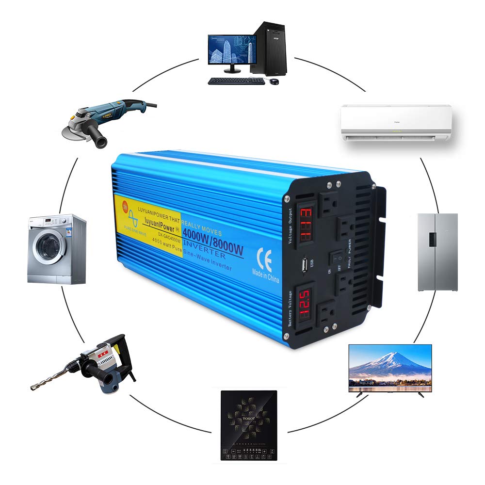 Cantonape Pure Sine Wave Inverter 4000W Power Inverter 12V to 110V DC to AC with LED Display Remote Controller for Truck RV Home Solar System