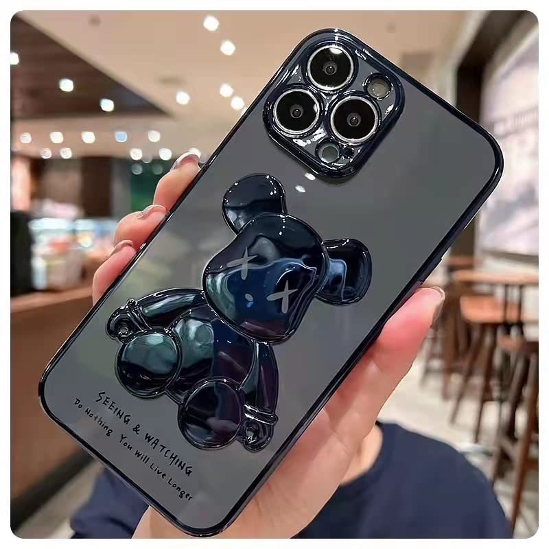 DURPECO 2 Pack Compatible with iPhone 14 Pro Max Case 3D Cartoon Plating Teddy Bear Case for Women Girls Camera Lens Cover Soft TPU Shockproof Protective Phone Case 6.7 Inch - Black&White