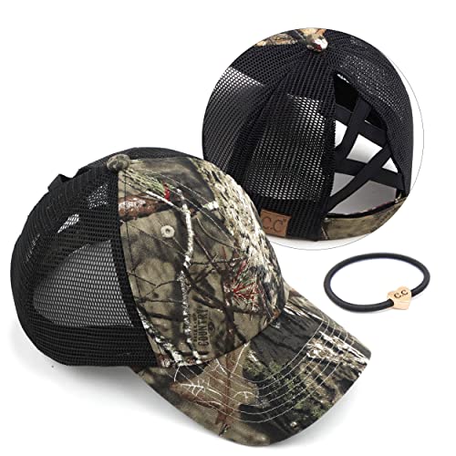 C.C Exclusives Washed Distressed Cotton Denim Criss-Cross Ponytail Hat Baseball Cap Bundle Hair Tie (BT-780)(BT-791) (A Elastic Band-mossyoak)