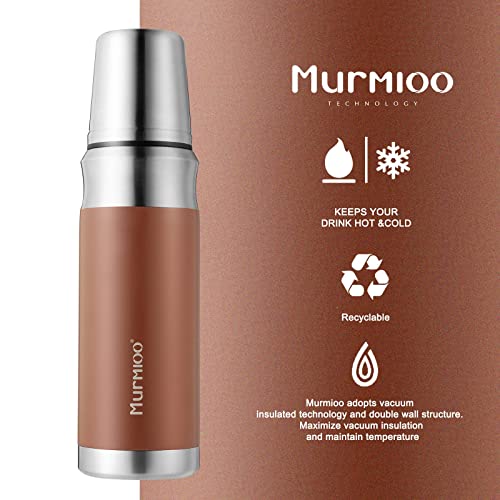 Murmioo travel vacuum flask,stainless steel insulated bottle, built-in cap cup, cold for 24 hours, heat for 12 hours, BPA Free leak proof, sweat free 17oz/500ml Brown