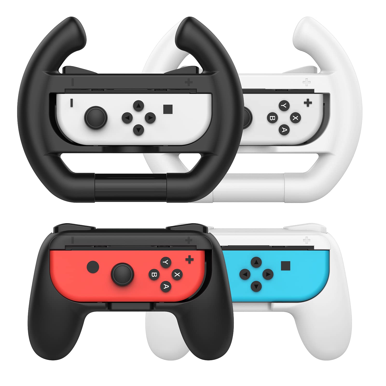 MoKo Steering Wheel & Grips for Nintendo Switch OLED 2021/Switch Joy-Con Controllers, 2 Pack Mariokart Racing Steering Wheel & 2 Pack Comfort Hand Grip Handle Kit for Mario Kart 8 Deluxe, Black&White