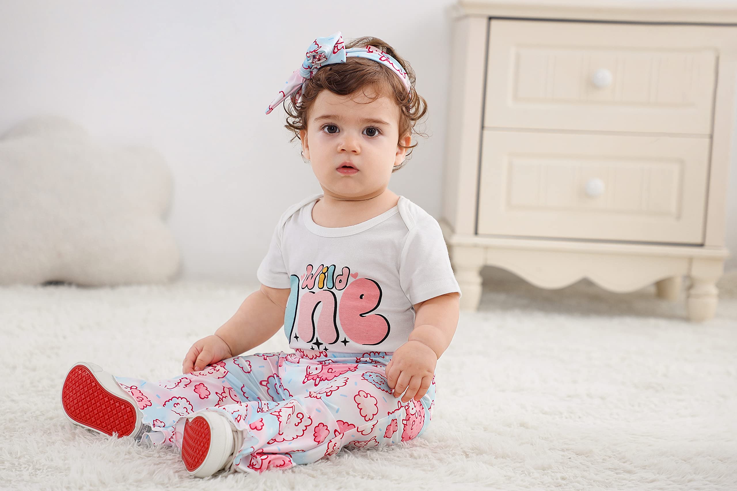Cacacece Newborn Baby Girl Outfits Clothes Infant Short Sleeve Romper Flared Pants Headband Set 3pcs 6-12 Months