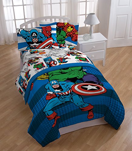 Jay Franco Marvel Avengers Comics Good Guys 3 Piece Twin Sheet Set - Features Captain America, Hulk, Iron Man, Spiderman, and Thor - Fade Resistant Polyester Microfiber Fill (Official Marvel Product)