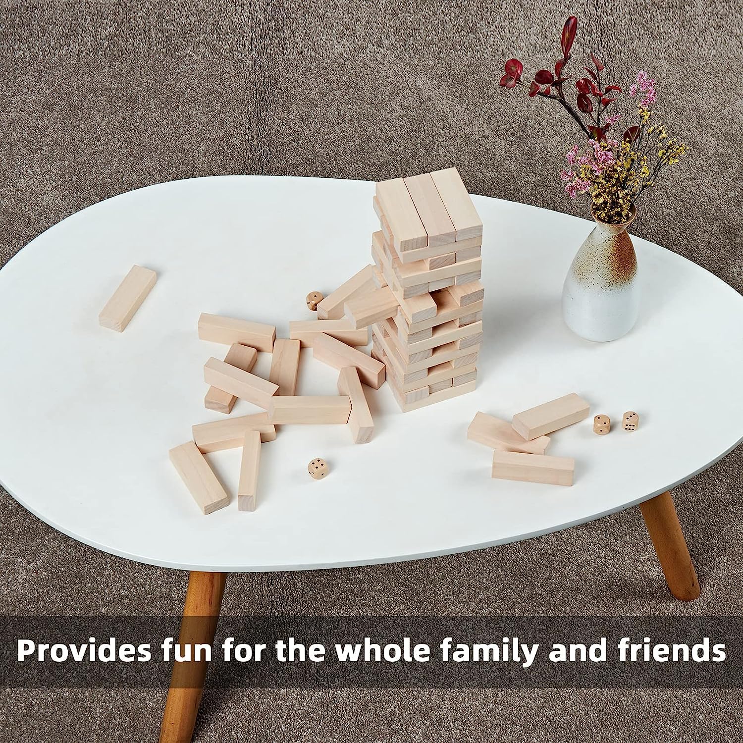 SpeedArmis Mini Tumble Tower, 54PCS Wooden Stacking Game for Teens - Pine Stack Timber Board Games with 4 Dice Set - Classic Xmas Gifts for Kids