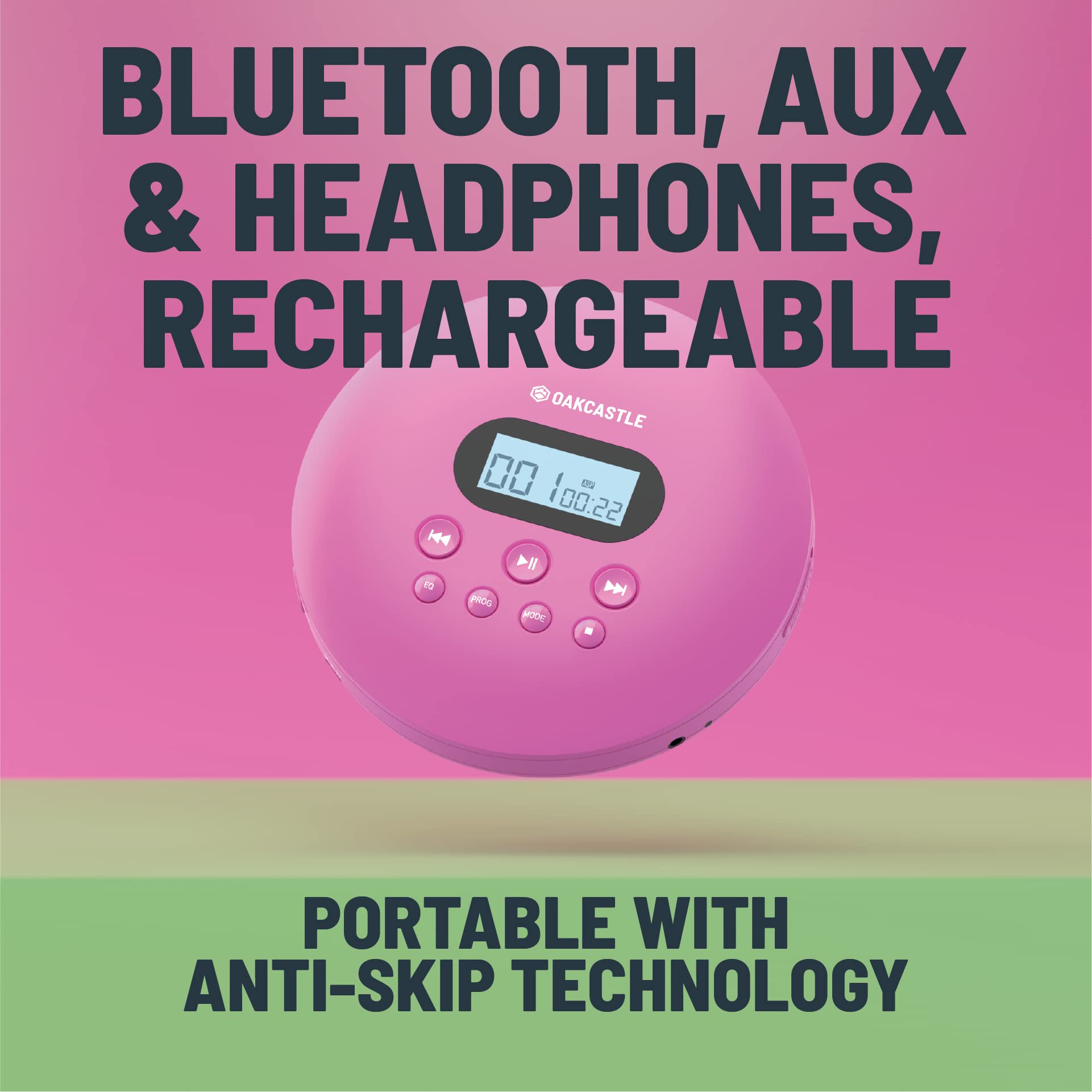 CD Player Portable, Rechargeable Portable CD Player w/Bluetooth 5.3, 12Hr Playtime, Small CD Players for Car (AUX only) | Oakcastle CD100 Portable CD Player w/Headphones, CD Walkman, Discman (Pink)