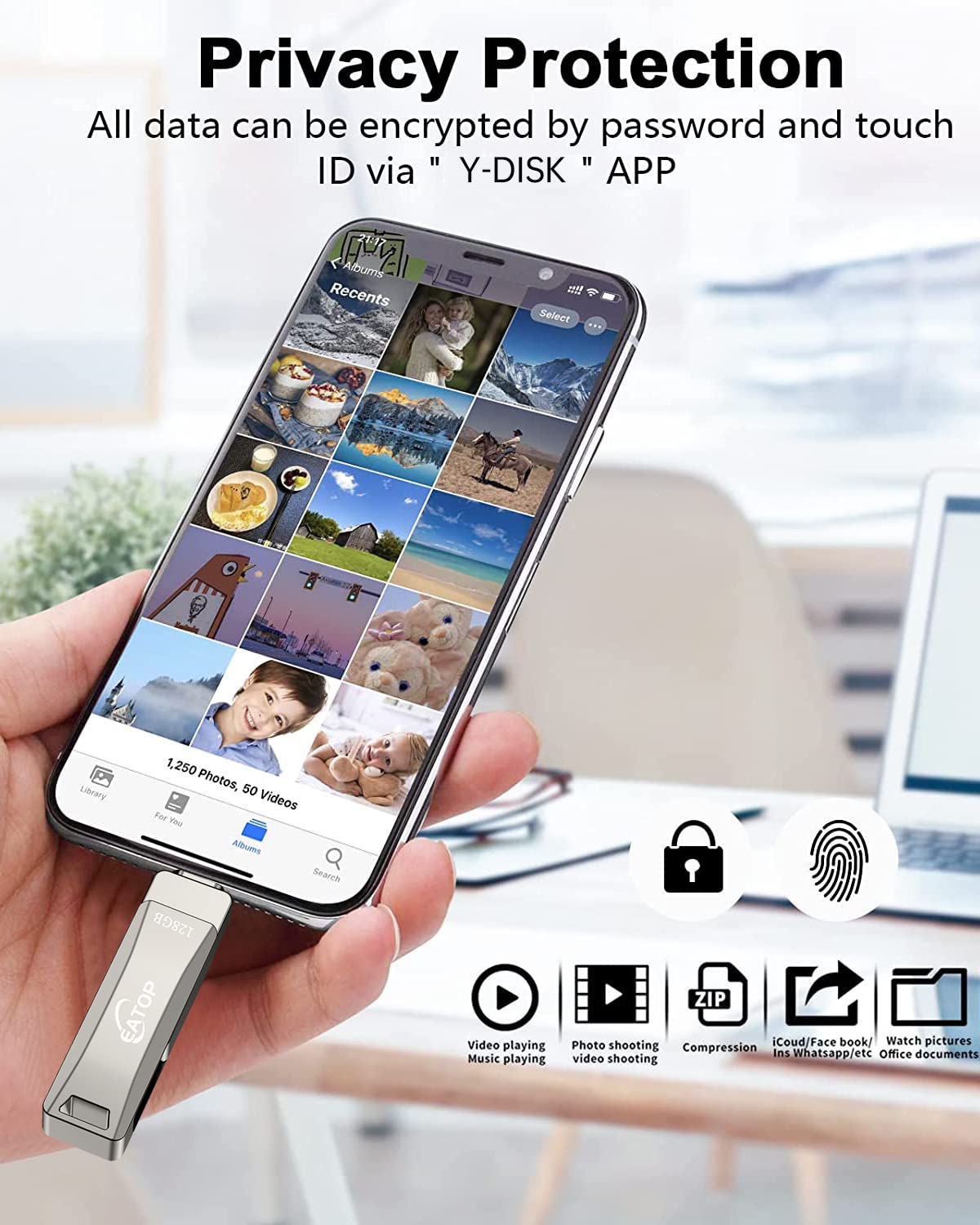 EATOP MFi Certified 128GB Photo Stick for iPhone, iPhone Memory Stick iPhone USB for Photos, iPhone USB Flash Drive Memory Stick for iPad External Storage Compatible with iPhone iPad Android PC