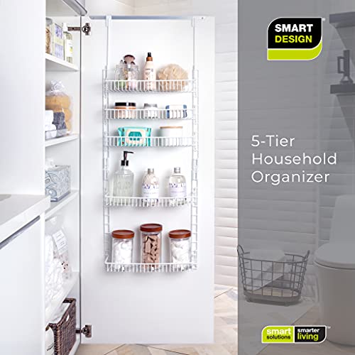 Smart Design Over The Door Adjustable Pantry Organizer Rack w/ 5 Adjustable Shelves - Steel Metal - Hanging - Wall Mount - Cans, Spice, Storage, Closet - Kitchen [White]