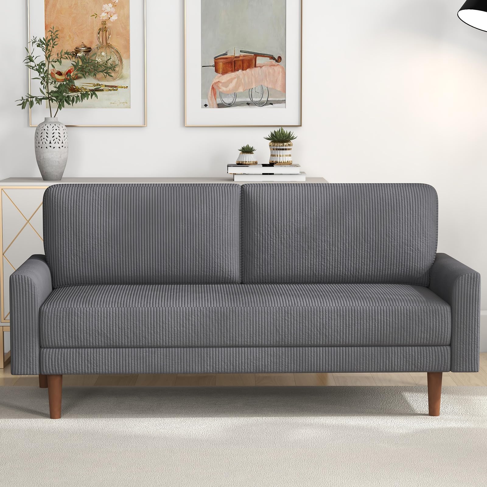 EBELLO 67" Corduroy Modern Sofa Couch, Cozy Comfy Overstuffed 2 Seat Loveseat Couch Sofa with Solid Wood Feet, Soft Padded Seat Small Living Room Futon for Apartment, Gray