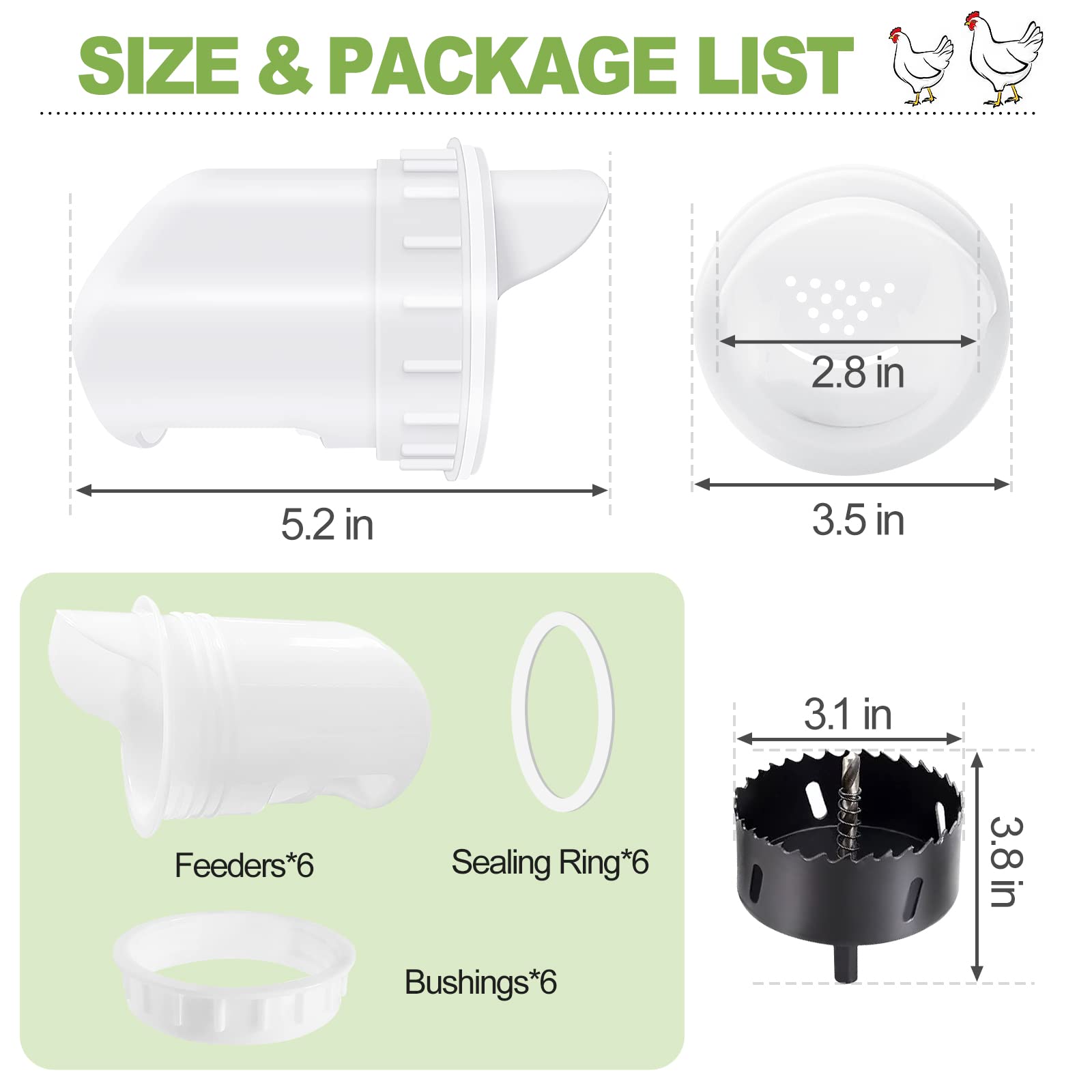 Chicken-Feeder,Chicken-Feeders-no-Waste,Chicken-Feeder-Port, Automatic Poultry Feeder Kit for Buckets, Barrels, Bins. (No Bucket), 6 Ports and a Holesaw Included