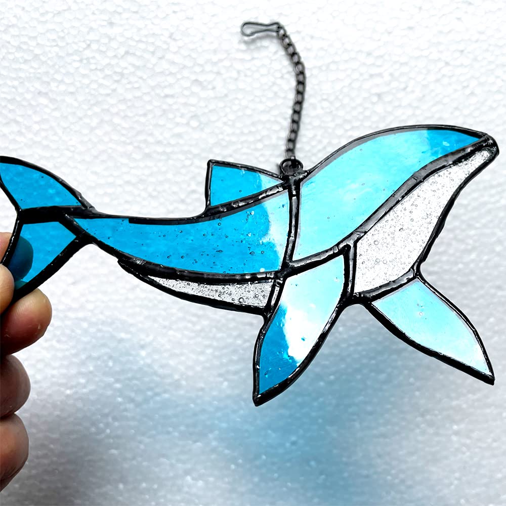 Mollytek Stained Glass Window Hangings Flying Dolphin Shaped Stained Glass Suncatcher Panel for Window Wall Patio Car Garden Haning Ornament with Chain,Home Decor Gifts for Mom, Dolphin Lovers