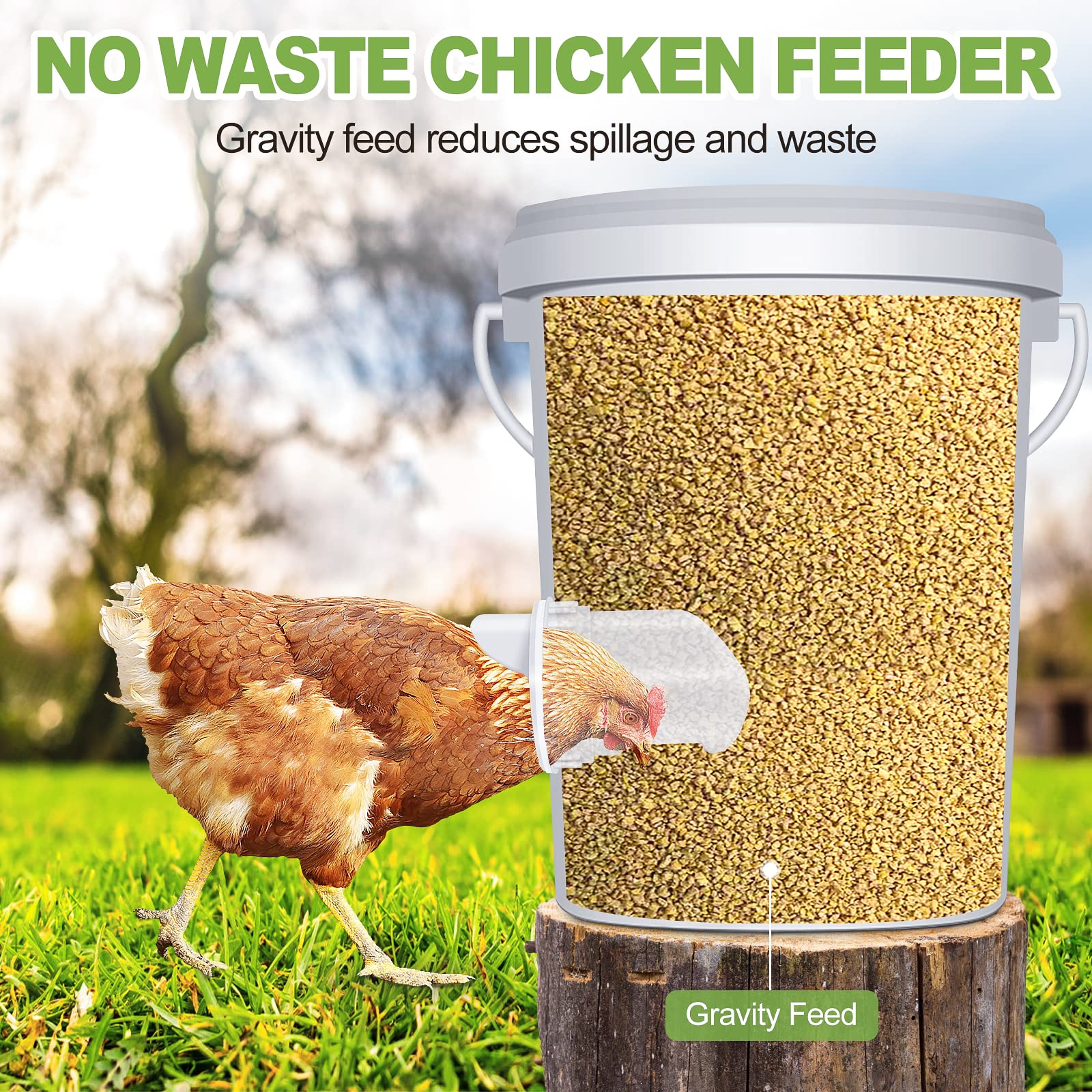 Chicken-Feeder,Chicken-Feeders-no-Waste,Chicken-Feeder-Port, Automatic Poultry Feeder Kit for Buckets, Barrels, Bins. (No Bucket), 6 Ports and a Holesaw Included