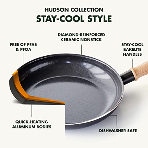 GreenPan Hudson Healthy Ceramic Nonstick, 8 Piece Cookware Pots and Pans Set, Vintage Wood Inspired Handle, PFAS-Free, Dishwasher Safe, Merlot Red