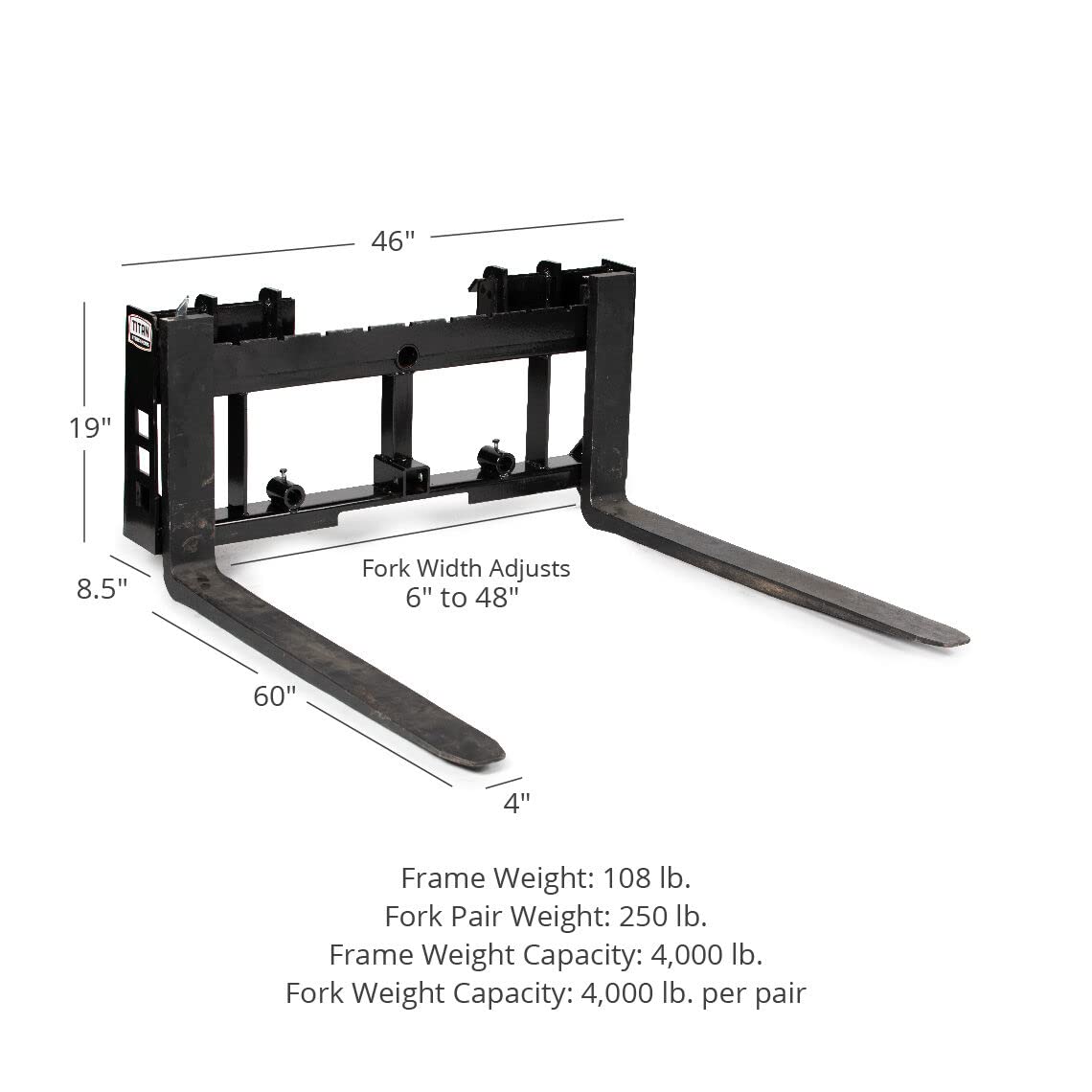 Titan Attachments Skid Steer Pallet Fork Frame Attachment, 60†Fork Blades, Rate 4,000 LB, Quick Tach Tractor, Receiver Hitch