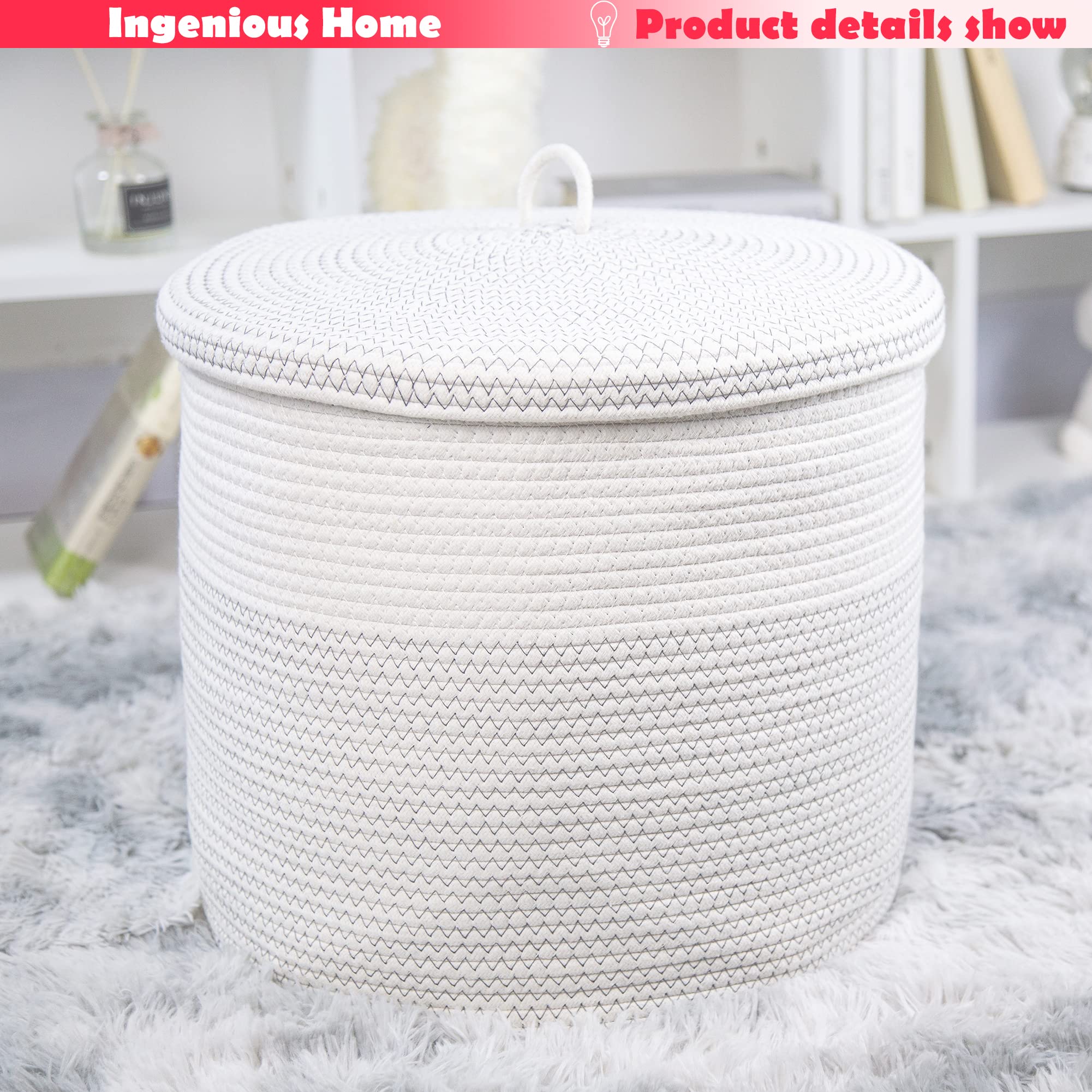 Ingenious Home –basket with lid, woven baskets for storage, nursery hamper with lid, for room living room decorative storage, multi-Purpose lidded basket( Gray line 16D x 14H inch)