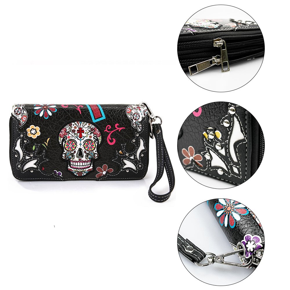 Sugar Skull Wallet PU Leather Western Wristlet Wallet (Black Sugar Skull)
