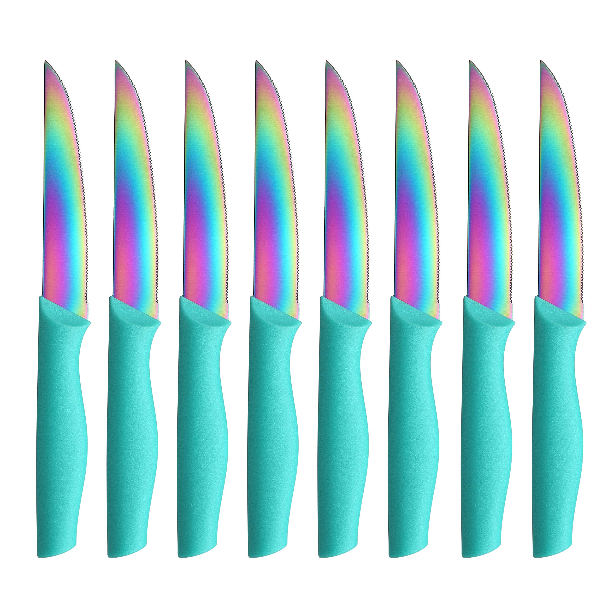 Marco Almond KYA47 Rainbow Titanium Serrated Stainless Steel Steak Knives Set of 8 + KYA57 rainbow titanium box grater