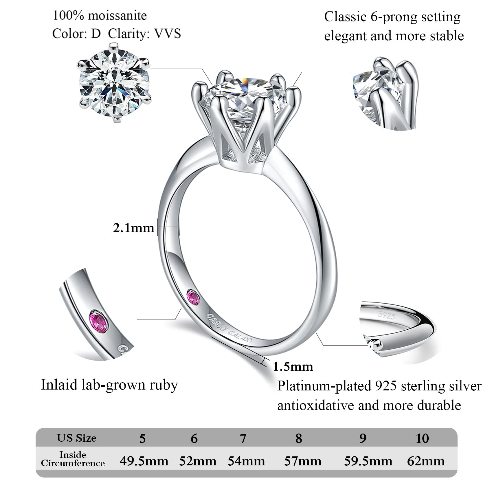 CARAT GALAXY Moissanite Engagement Weeding Ring Platinum Plated 925 Sterling Silver Round Imitation Diamond Promise Ring For Women, Plastic, 1ct