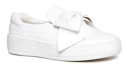 J. Adams Wally Platform Sneakers for Women - Comfortable Slip On Shoes with Bow - White Vegan Nubuck - 11